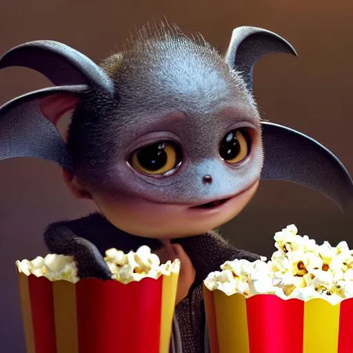 Cute small humanoid bat sitting in a movie theater e... | OpenArt