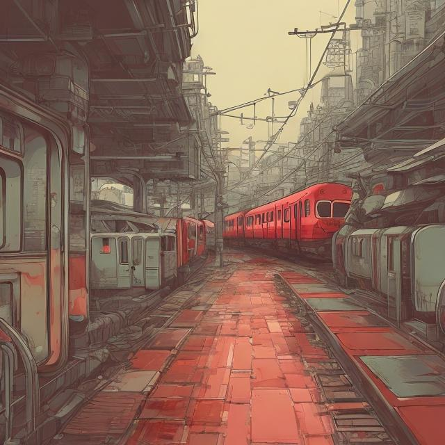 Train, Miyazaki animation art style, red colour, city
