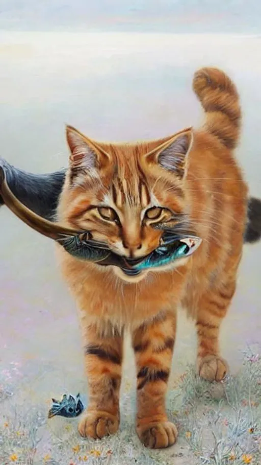 A cat carrying a fish in its mouth by Lisa graa Jens... | OpenArt