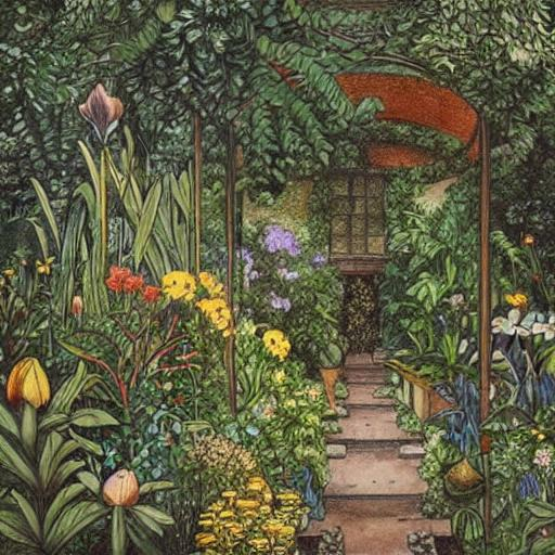beautiful illustration of a hidden garden, with tall... | OpenArt