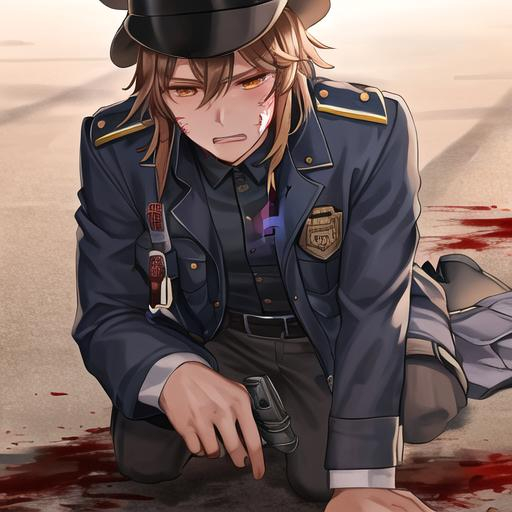 Caleb as a police officer in a gunfight bullets flyi...