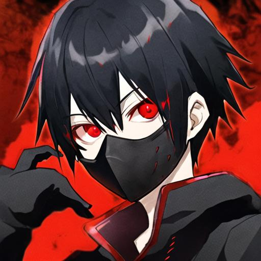 Pyro (black hair) (red eyes) wearing a gasmask