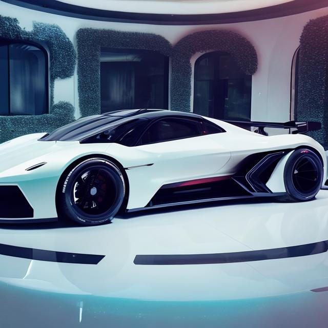 A hyper car from the future inside a futuristic mansion