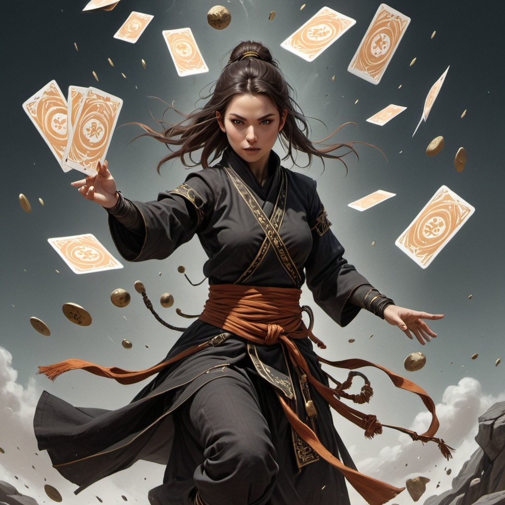 Mystic female monk in ninja fashion, with tarot card...