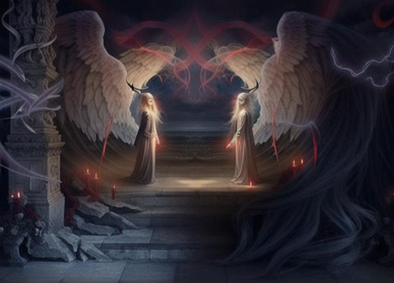 Demonic Angels with long glowing hair, horns, light... | OpenArt
