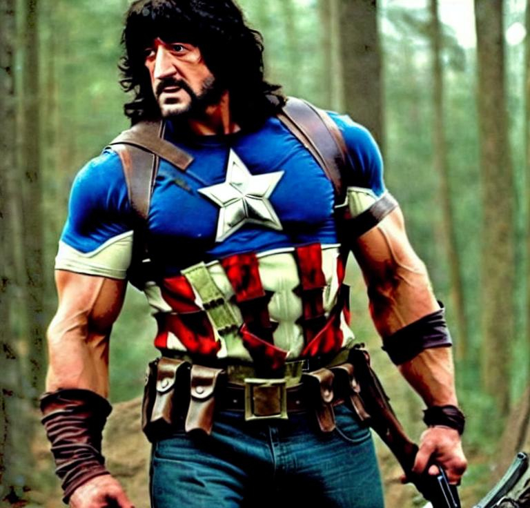 John rambo dressed up in captain America costume wit... | OpenArt