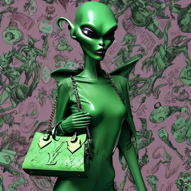Green Alien girl model wearing designer clothes and...
