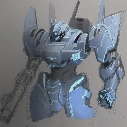 techno mech, blue, tank cannon for arm, metal, shiny... | OpenArt