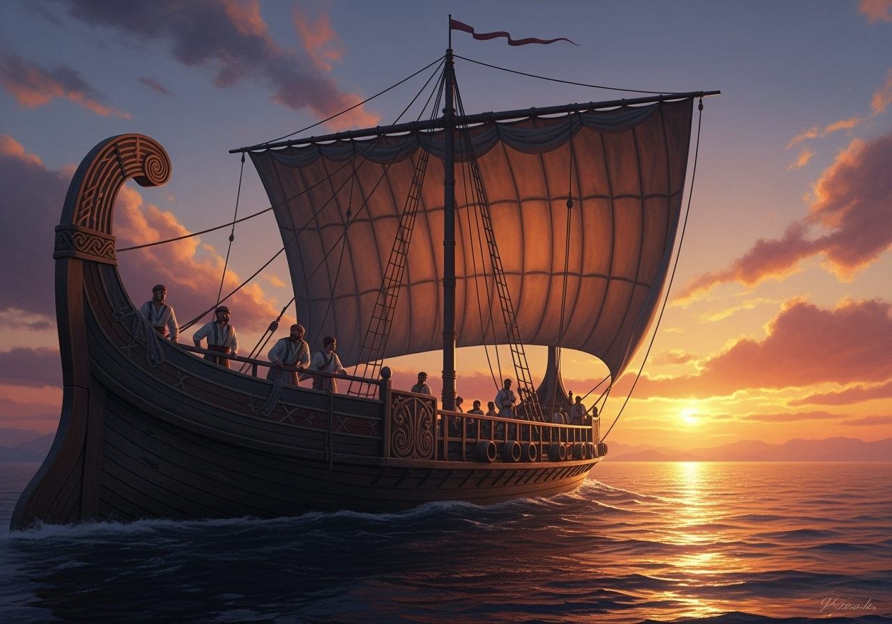An ancient Greek merchant ship sailing on the ocean...