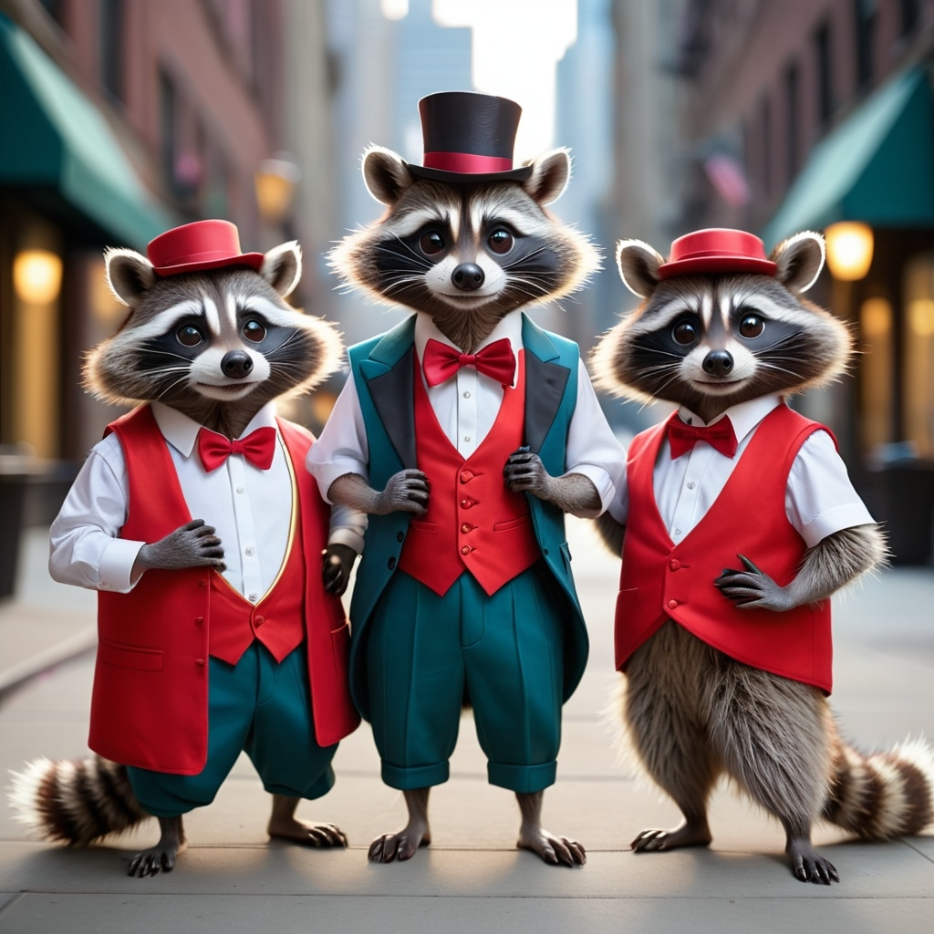 Three raccoons are dressed for a grand ball in thecity