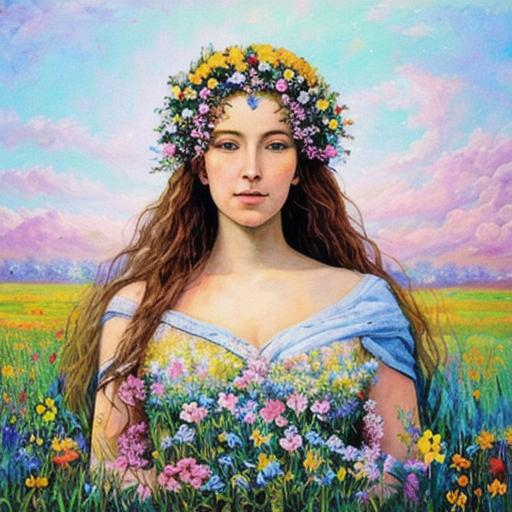 A painting of a goddess in a field of flowers | OpenArt