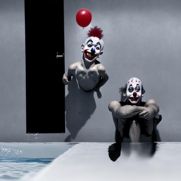 a suicidal clown around a swimming pool | OpenArt