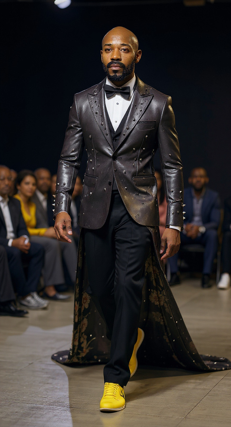 Man is wearing a different, unique, runway outfit wi...