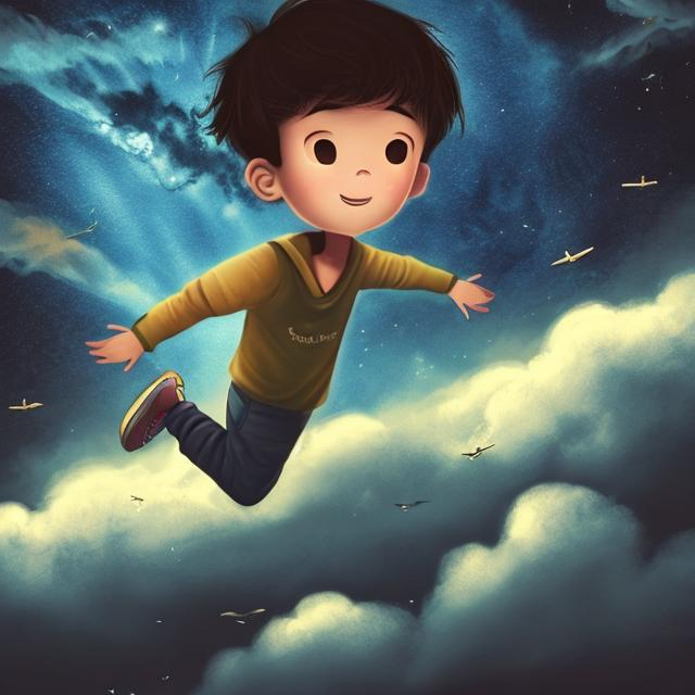 a boy fly in the dark sky
