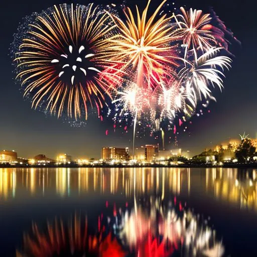 fireworks over water with reflection, patriotic