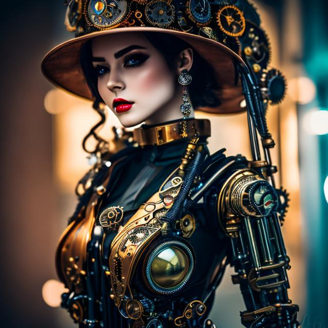 Produce a photograph of a steampunk robotic beautifu...