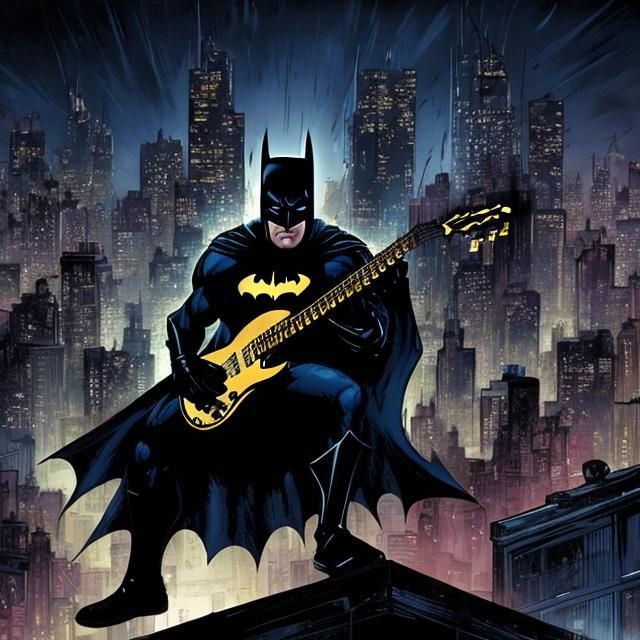 Batman playing electric guitar on a rooftop at night...