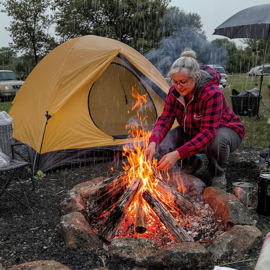 a 75 year old woman building a camp fire in the rain...
