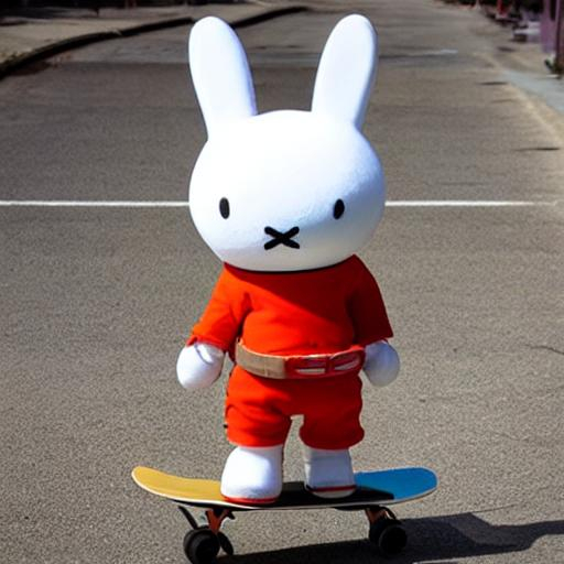 Miffy mascot head riding a skateboard | OpenArt