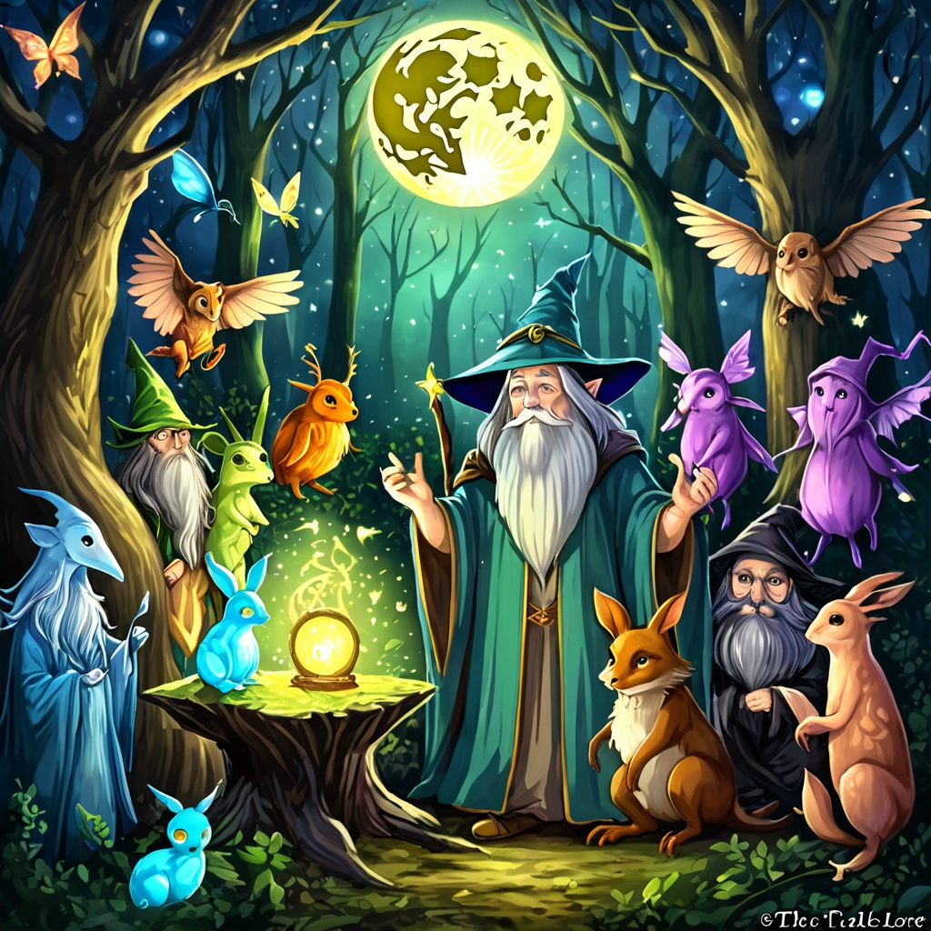 In a mystical forest, a wise and kind wizard has gat...