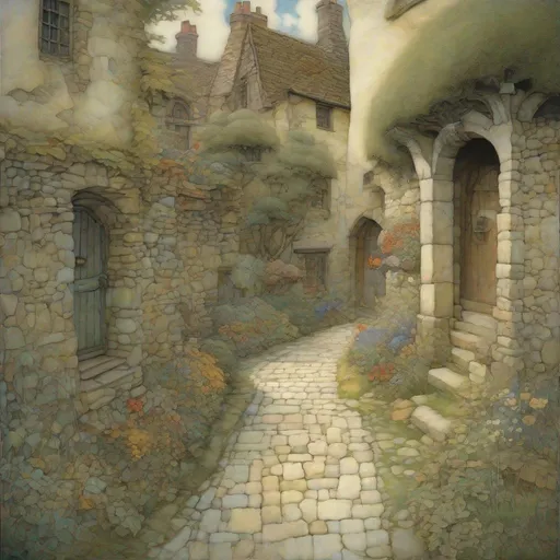 Stone path alley, elegant patchwork painting by Dani...