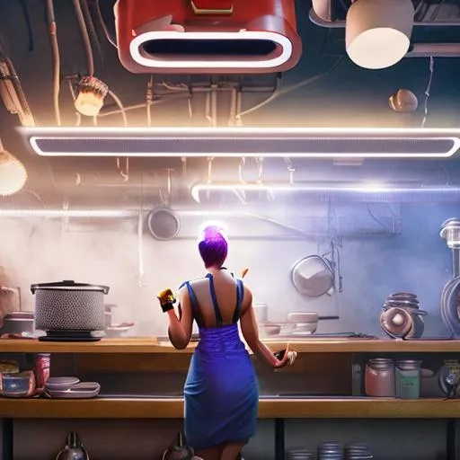 Chef cooking in a fallout kitchen lit with pink fluo... | OpenArt