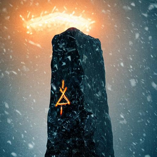 monolith with glowing viking runes on it during a bl...