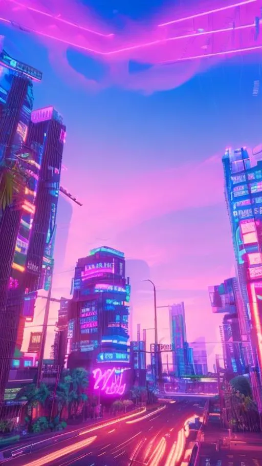 vaporwave city, neon lighting, beautiful sunset, pal... | OpenArt