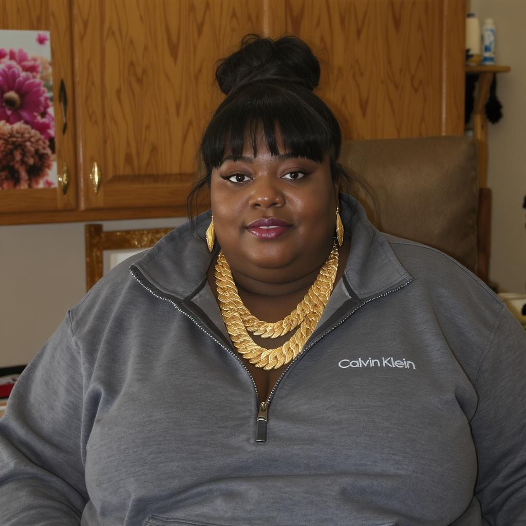 Big fat 300 pound black woman wearing gold necklaces...