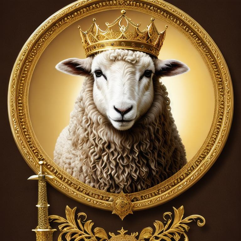 A sheep with a golden intricate crown and a big swor...