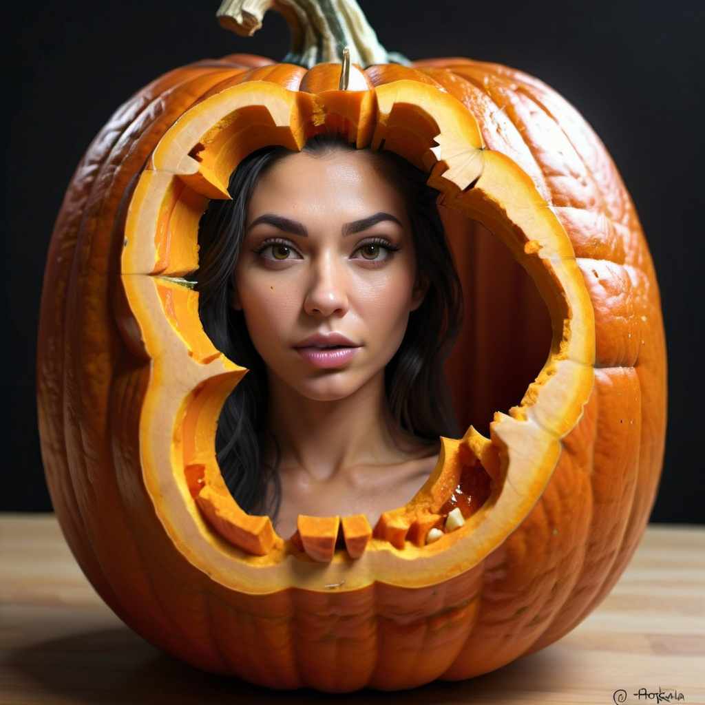 Half women half pumpkin. Photorealistic