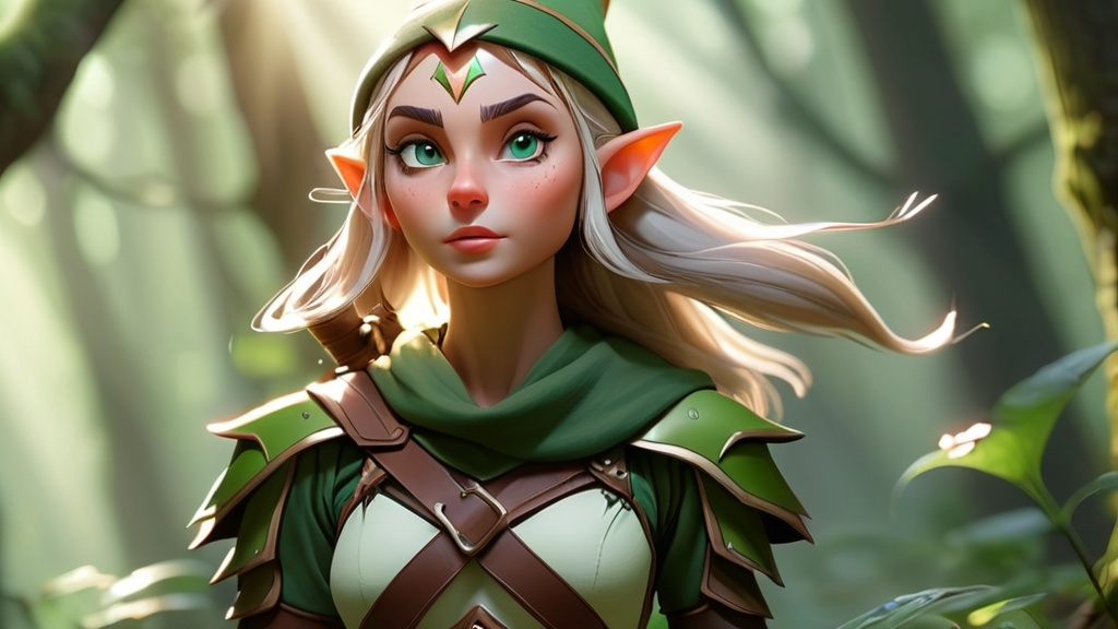 Elf ranger in a mystical forest around sunlight