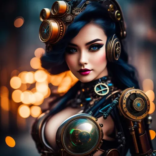 Produce a photograph of a steampunk robotic beautifu...