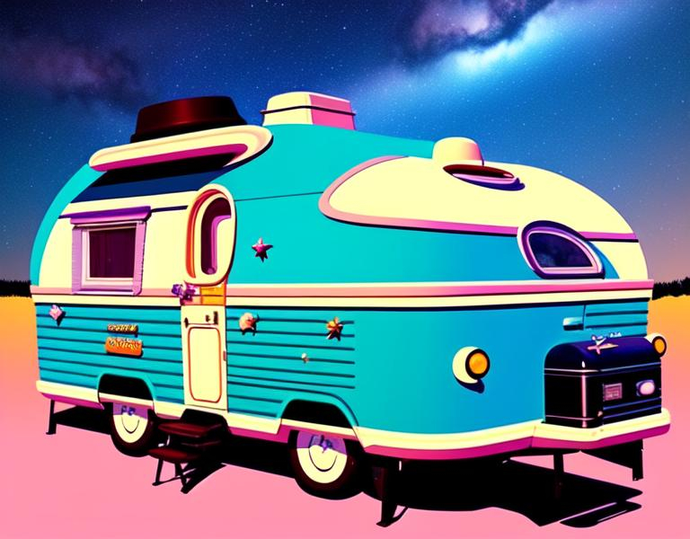 magically retro style RV camper, celestial sky
