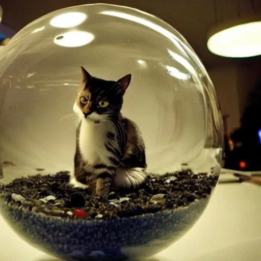 Cat looking at betta fish in a round fishbowl on a t... | OpenArt