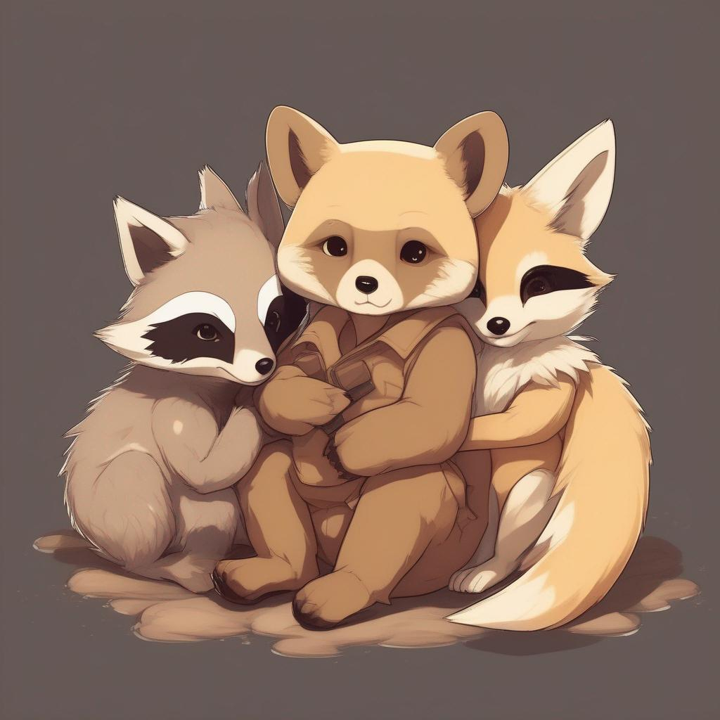 a bear cub with a fennec fox and a raccoon all sat t...