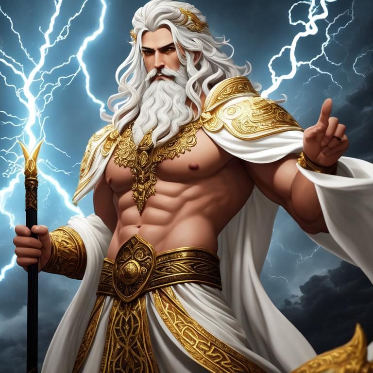 dark fantasy art of Zeus, wearing intricate white an...