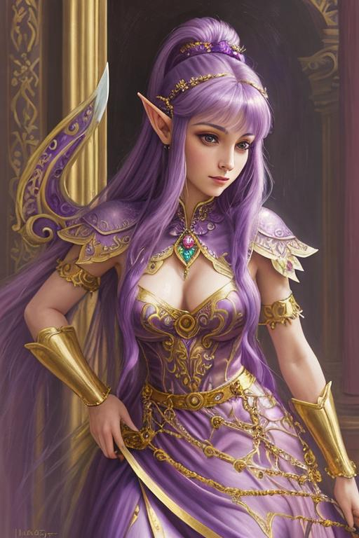oil painting of a purple hair elf princess wearing... | OpenArt