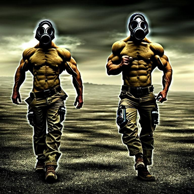 muscular man wearing a gas mask and apocalyptic clot...