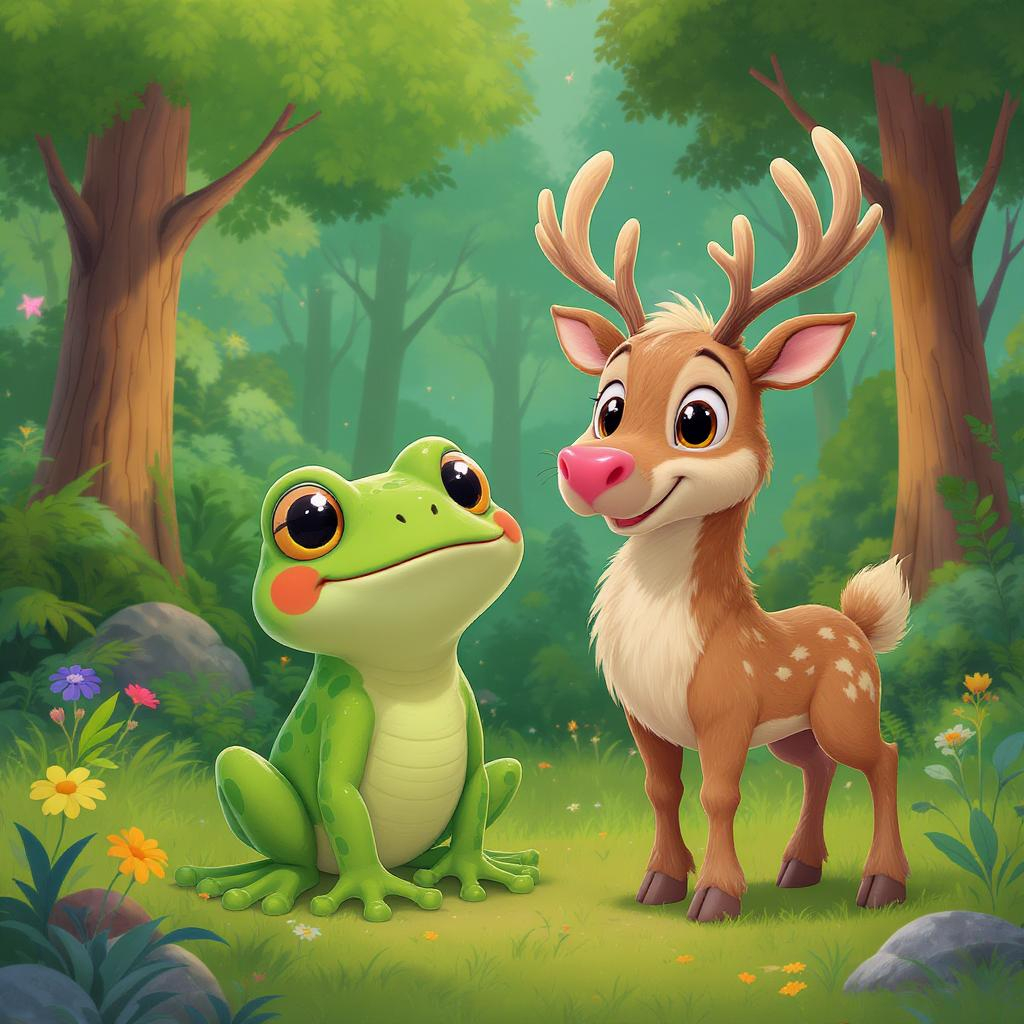 create a frog and a reindeer in the forest. it shoul...