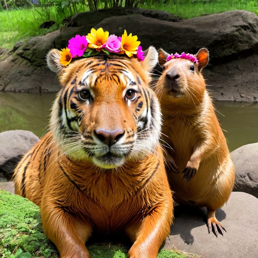 Tiger puts Flower Crown on Capybara