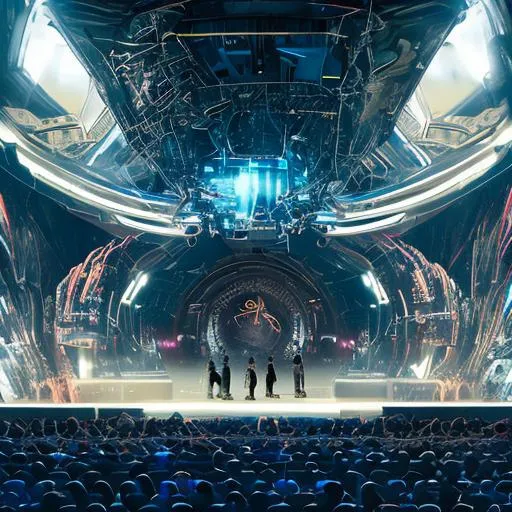pic futuristic music venue filled with humand, robot...