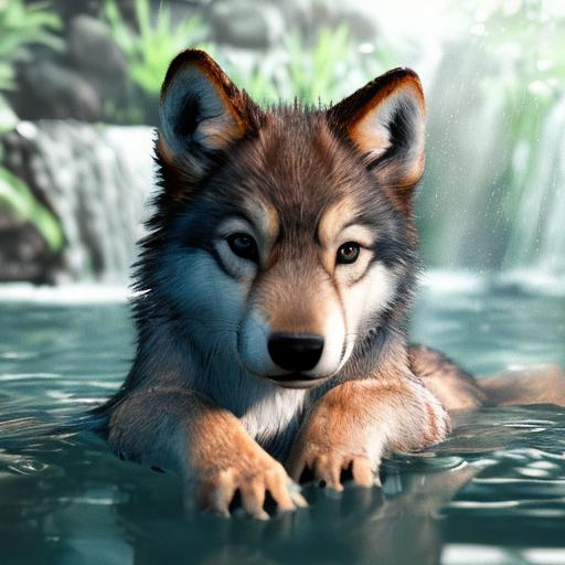 Wolf cub, swimming, waterfall | OpenArt