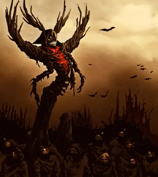 Grimdark image of a gore covered scarecrow with a ro...