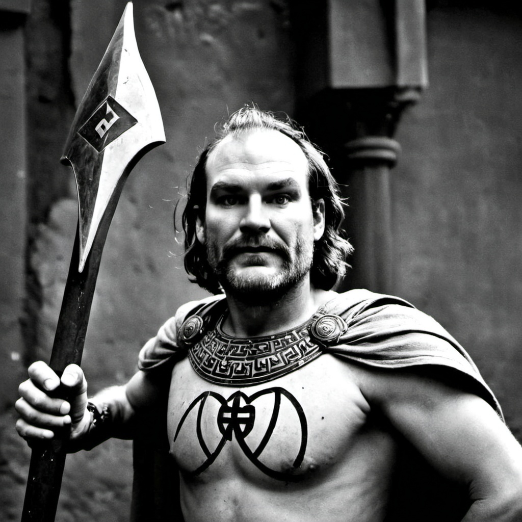 An Aryan Warrior with a Swastika engraved on his shi...