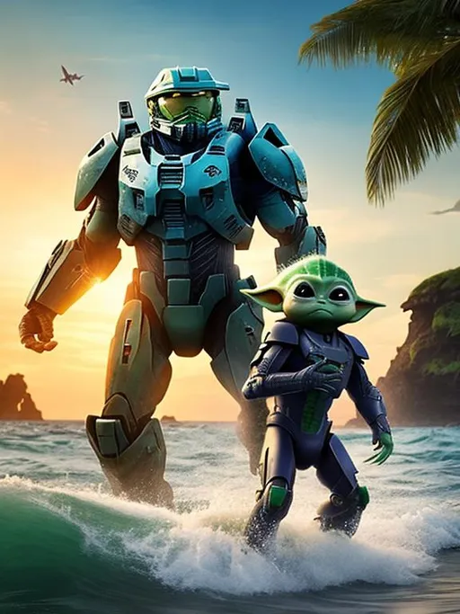 majestic master chief with baby yoda surfing in Hawa...