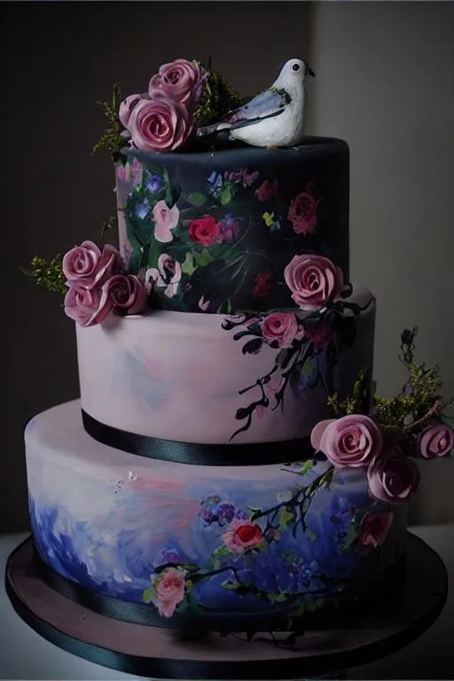 Painted artistic cake , roses and litttle flowers