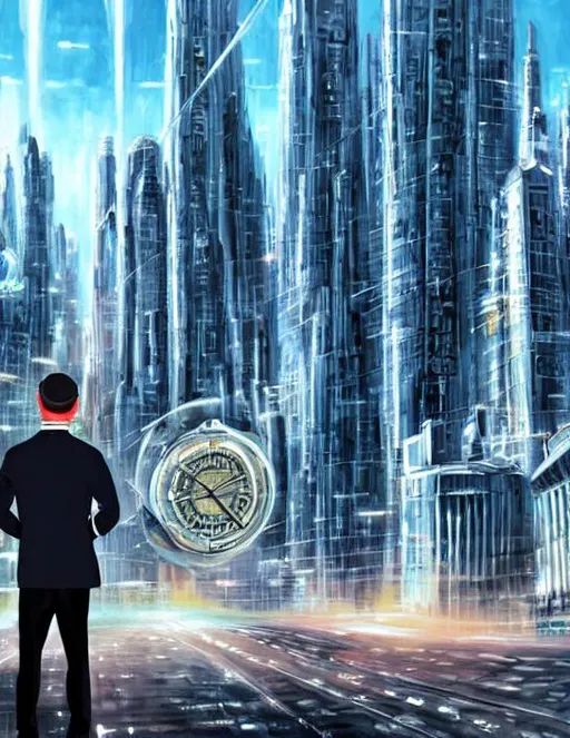 A photorealistic painting of a time traveler standin... | OpenArt