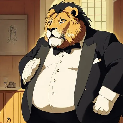 A drawing of a fat anthropomorphic lion wearing a tu...