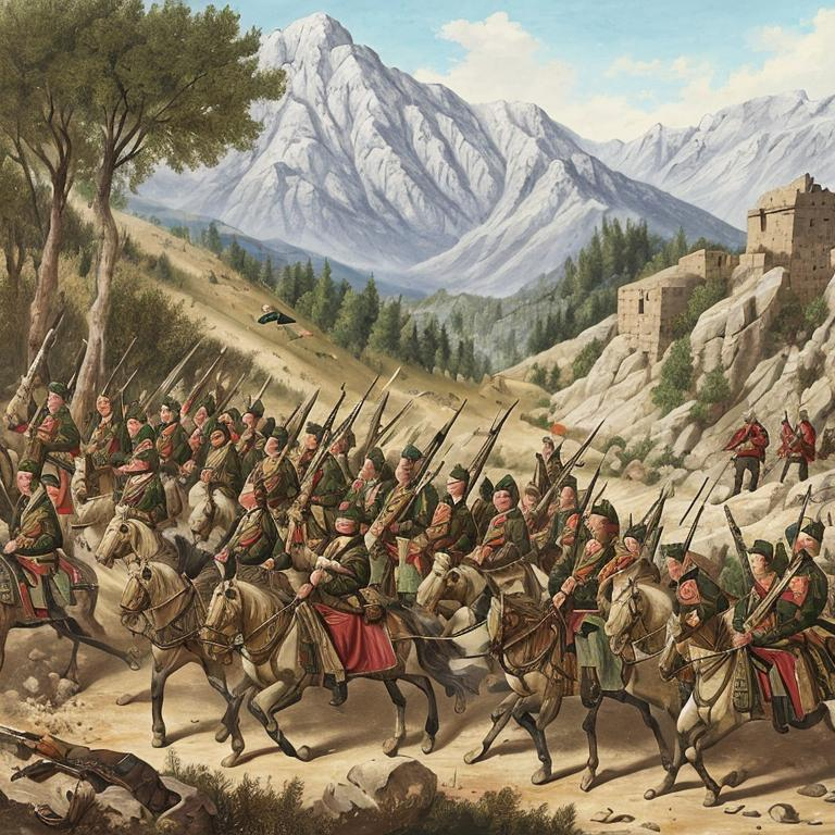 Ottoman army, guns, mountains, rebel ambush, forests... | OpenArt